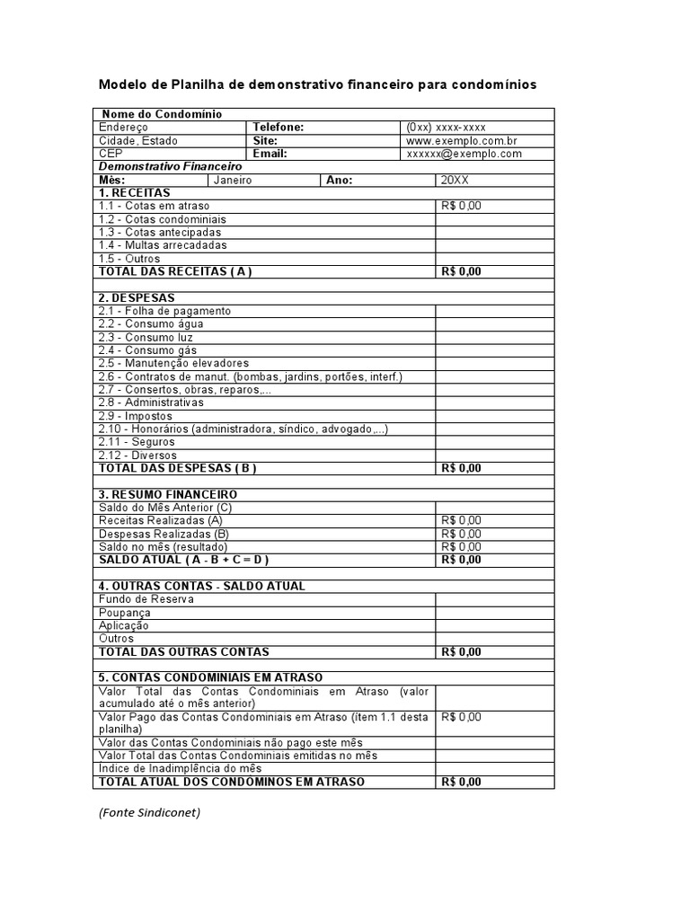 Modelo de Planilha de Demonstrativo Financeiro para CondomInios | PDF