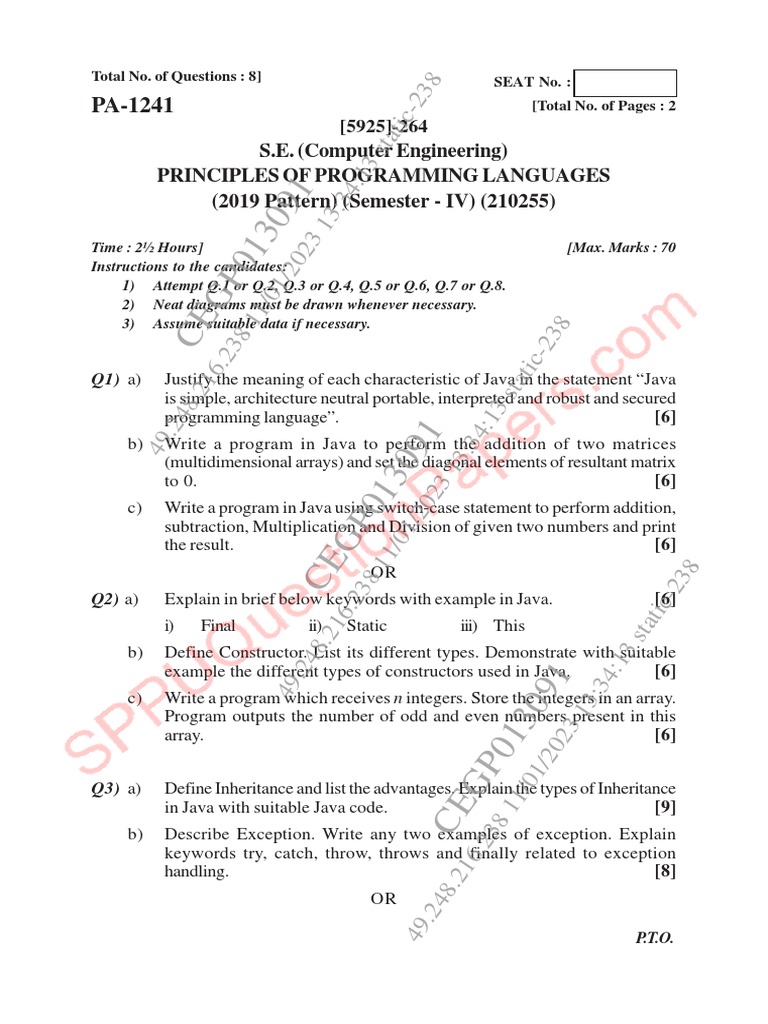 Be - Computer Engineering - Semester 4 - 2022 - November - Principles of Programming Languages ...