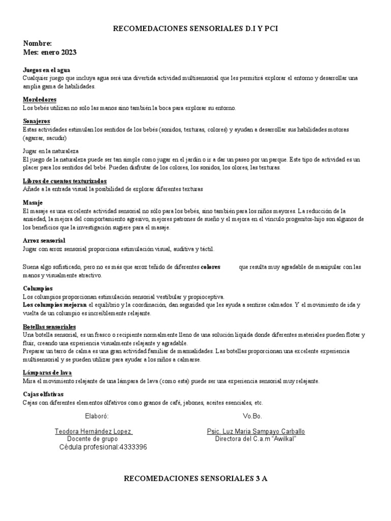 Recomedaciones Sensoriales D | PDF
