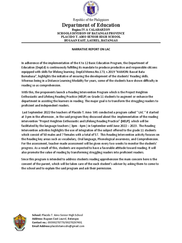 Narrative Report On Lac 1 | PDF | Social Science | Wellness