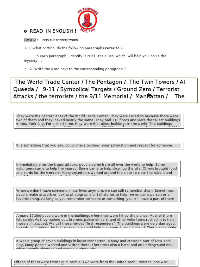 Reading Tasks 9-11 Vocabulary Scribd | PDF | September 11 Attacks ...