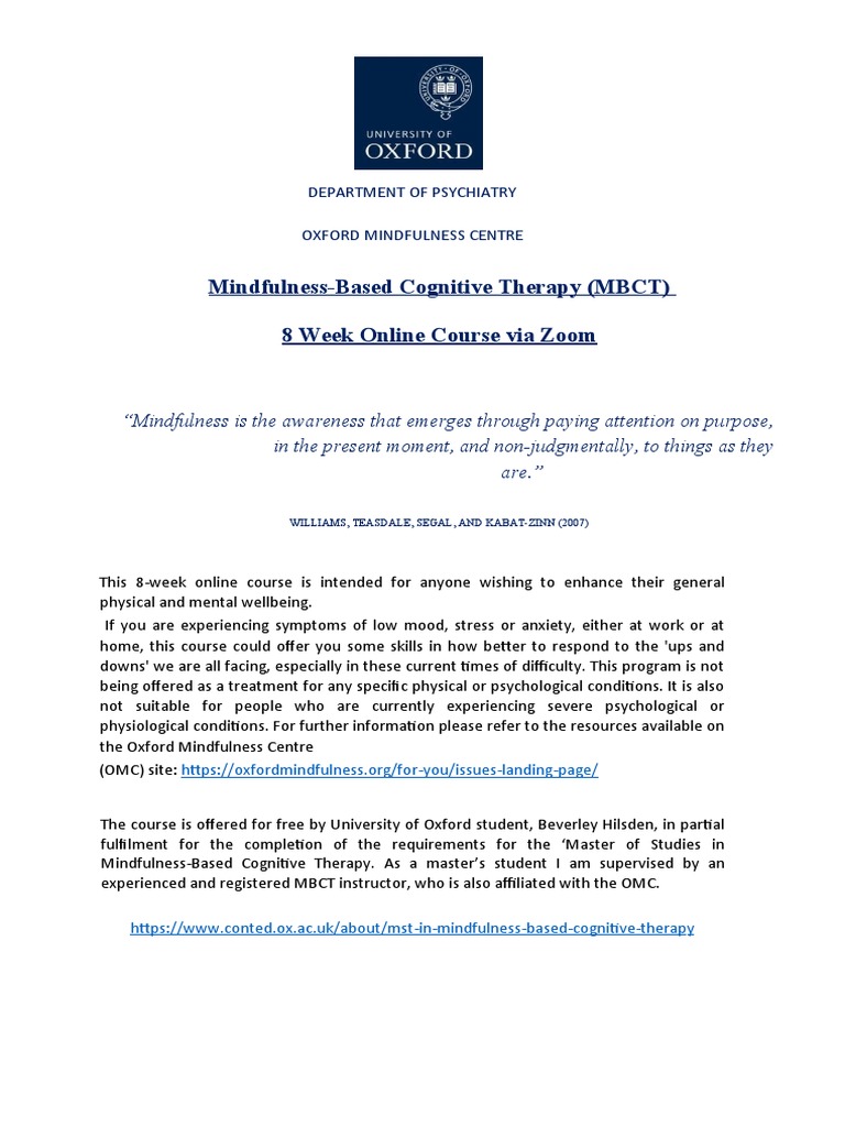 MBCT info and health questionnaire | PDF