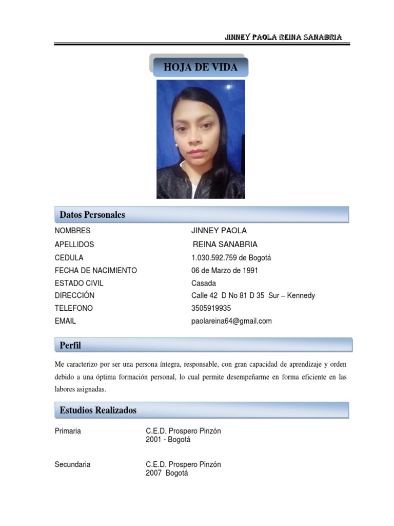 Hoja de Vida JINNEY PAOLA REINA SANABRIA-1 | PDF