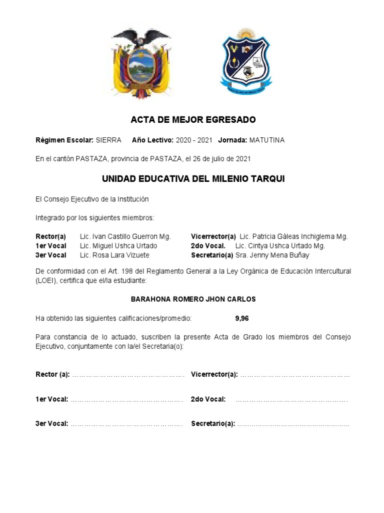 Acta de Mejor Egresado 2020 2021 | PDF