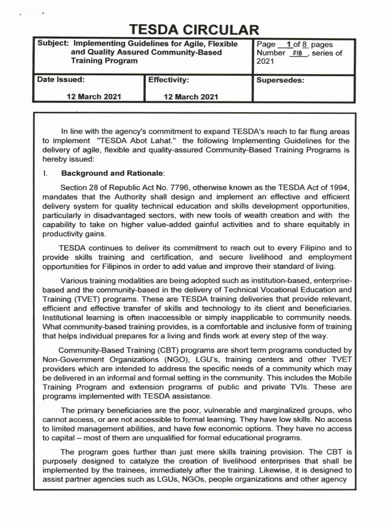 TESDA Community-Based Training Guidelines | PDF | Business