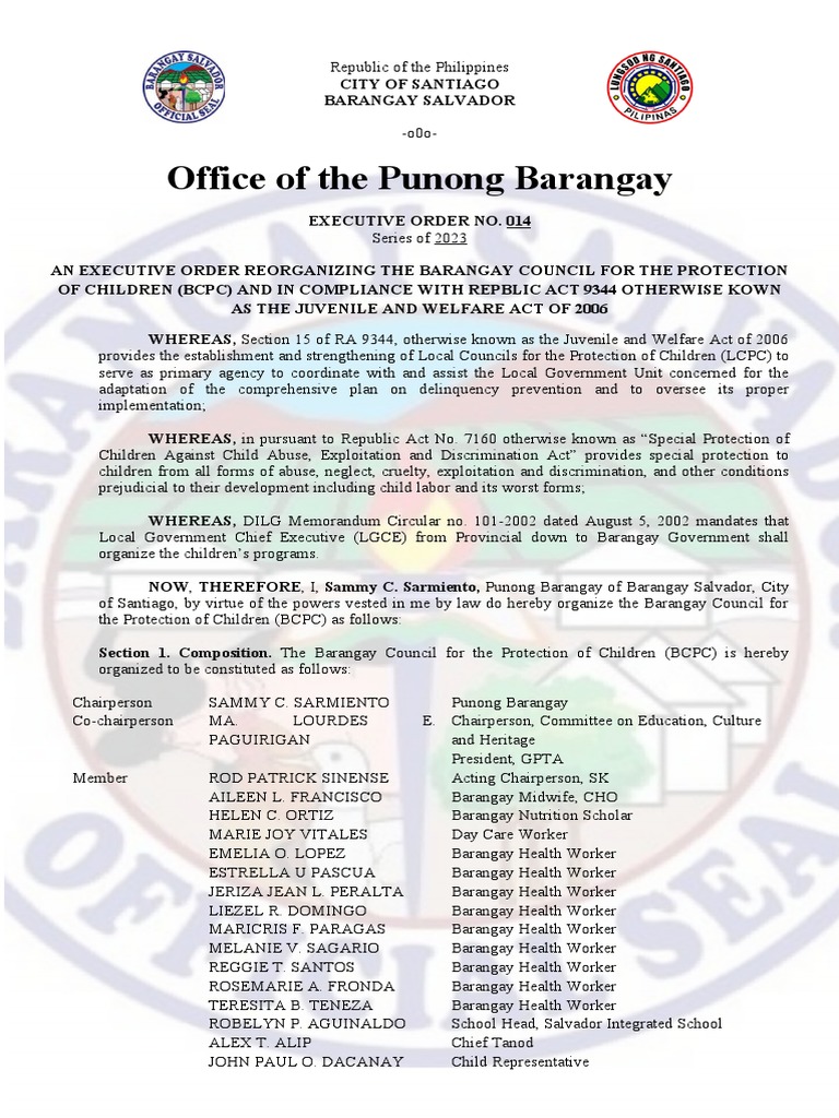 Executive Order No. 014 S. 2023 - REORGANIZING THE BARANGAY COUNCIL FOR ...