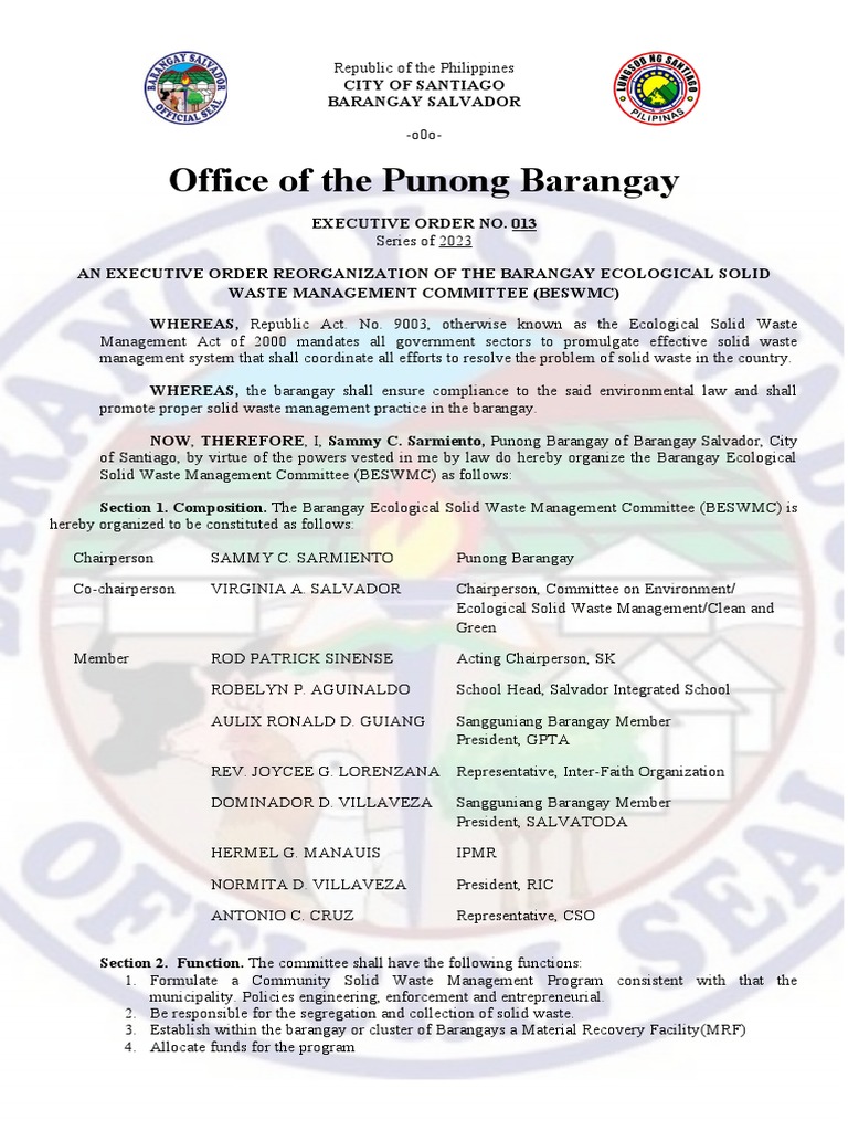 Executive Order No. 013 S. 2023 - REORGANIZATION OF THE BARANGAY ...