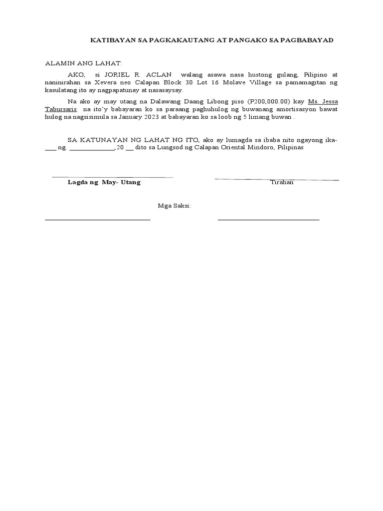 Katibayan Sa Pagkakautang at Pangako Sa Pagbabayad | PDF Katibayan Sa Pagkakautang at Pangako Sa Pagbabayad | PDF