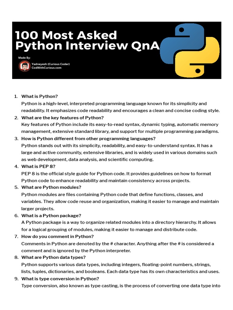100 Most Asked Python Interview QnA | PDF