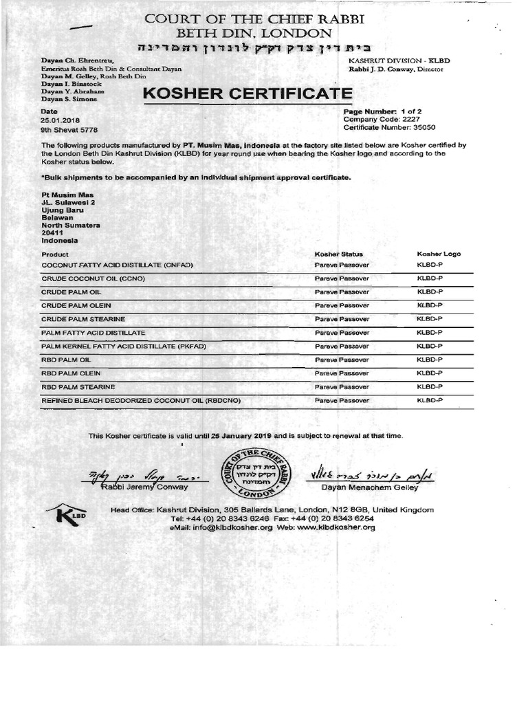 Musim Mas Kosher Certificate | PDF
