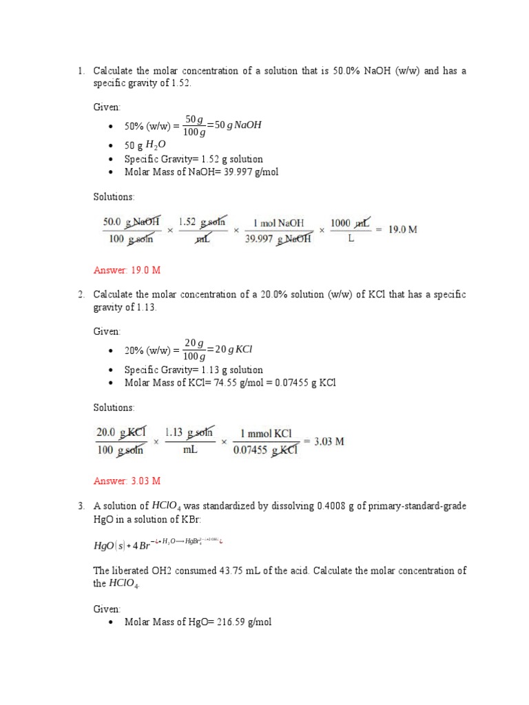 Calculate The Molar Concentration of A Solution That Is 50 | PDF