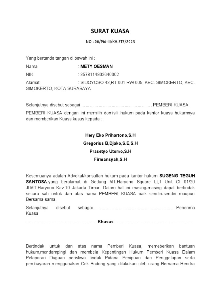 Surat Kuasa Penipuan Penggelapan Mety Oesman | PDF | Hukum