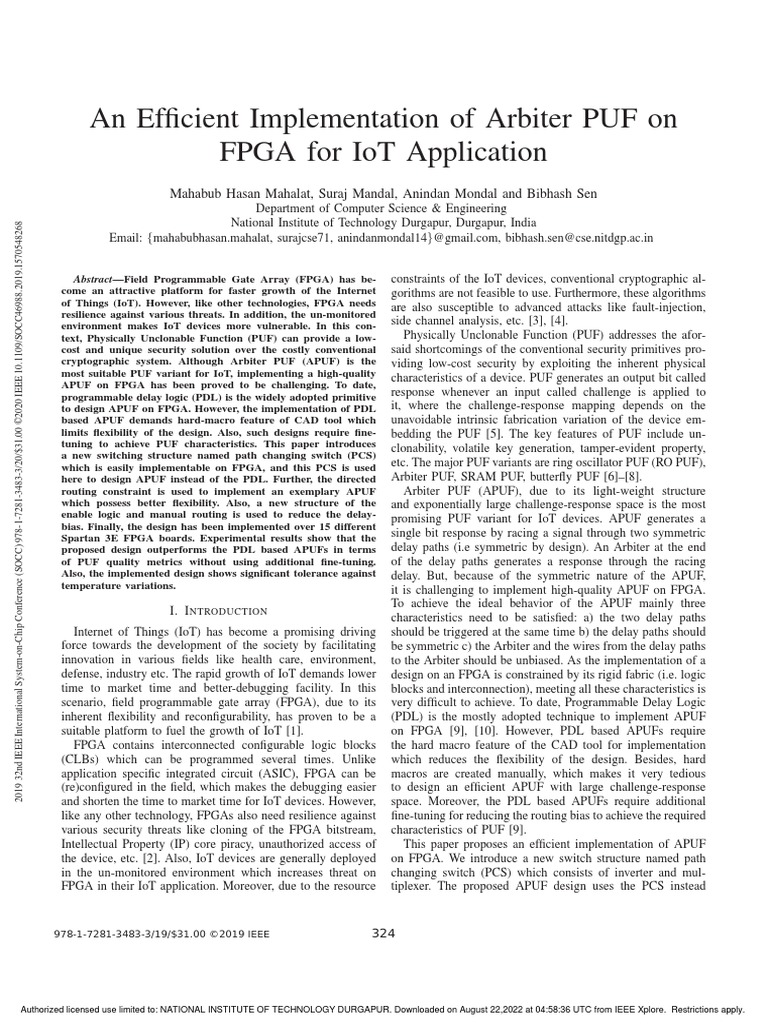 An Efficient Implementation of Arbiter PUF On FPGA For IoT Application ... An Efficient Implementation of Arbiter PUF On FPGA For IoT Application ...