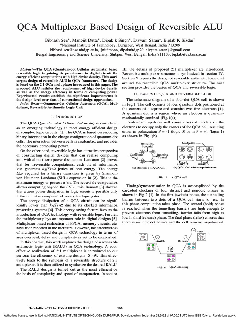 QCA Multiplexer Based Design of Reversible ALU | PDF