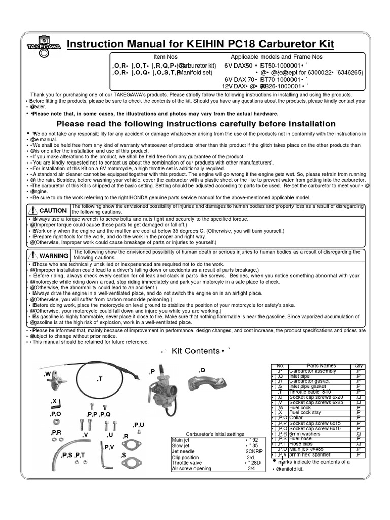 Instruction Manual For KEIHIN PC18 Carburetor Kit: Please Read The Following Instructions ...