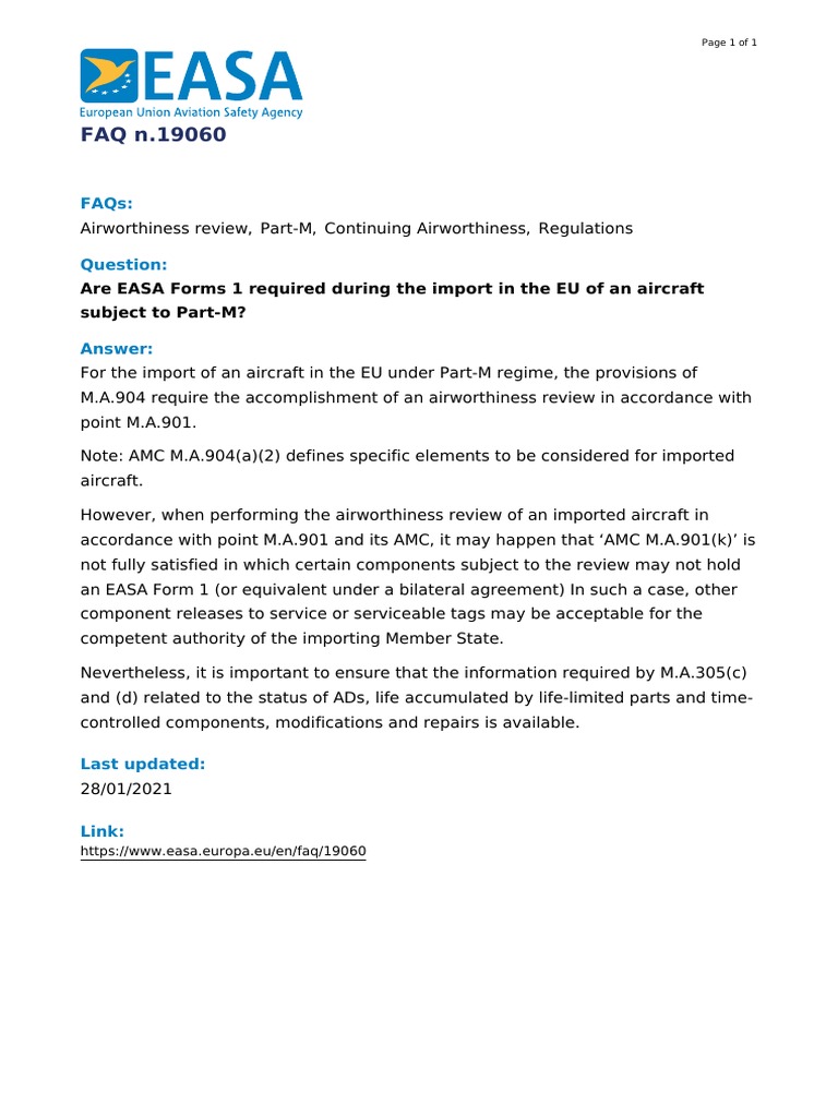 EASA - Are EASA Forms 1 Required During The Import in The EU of An ...