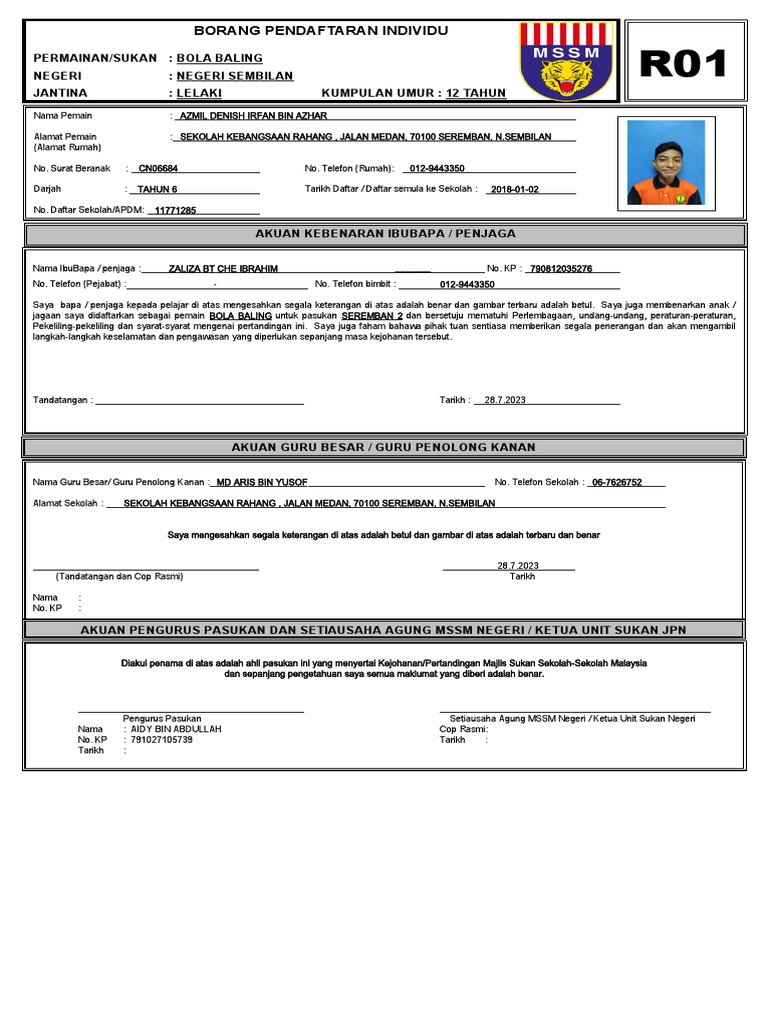 Borang R01 BOLA BALING 2023 | PDF