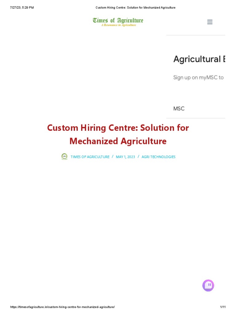 Custom Hiring Centre - Solution For Mechanized Agriculture | PDF