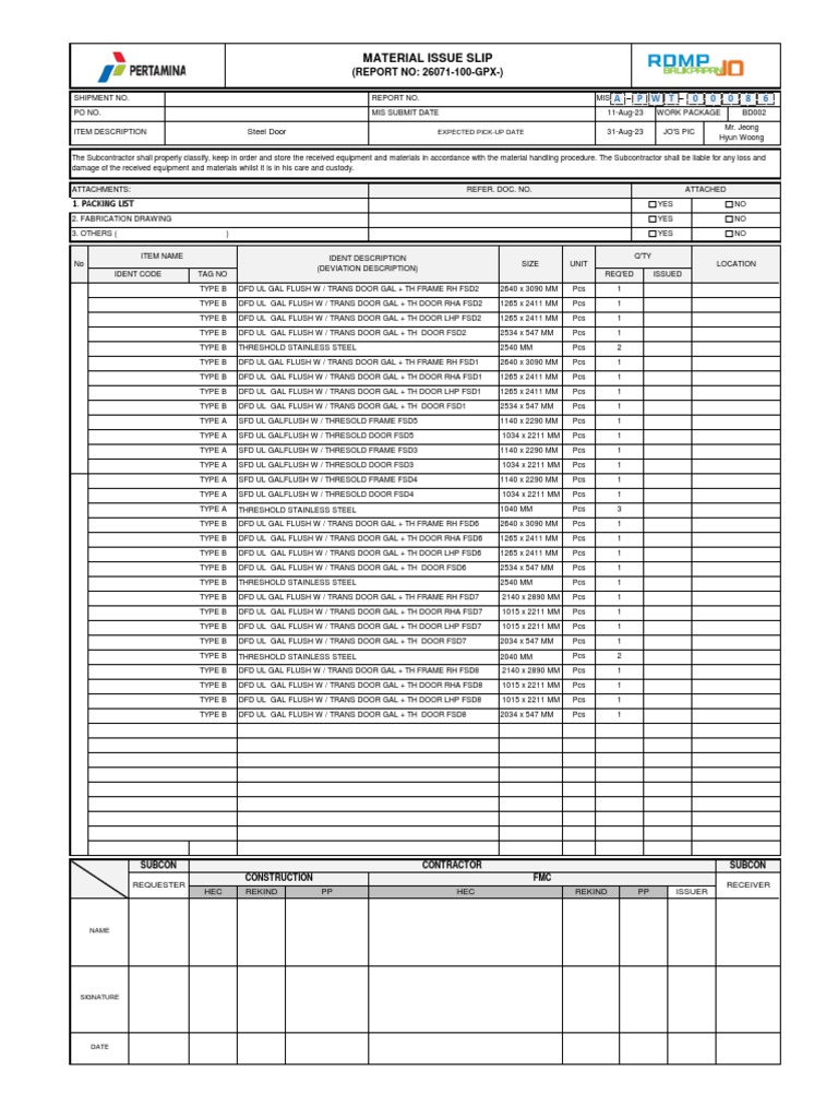 Material Issue Slip(MIS) Form (ARCH) Steel Door | PDF