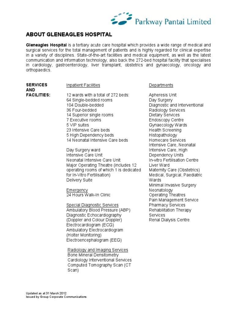 Fact Sheet - Gleneagles Hospital (31 Mar 2012) | PDF