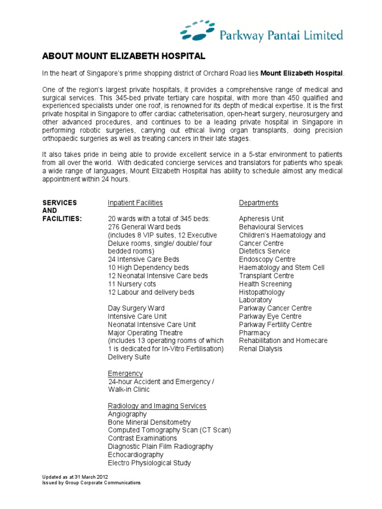 Fact Sheet - Mount Elizabeth Hospital (31 Mar 2012) | PDF | Self ...