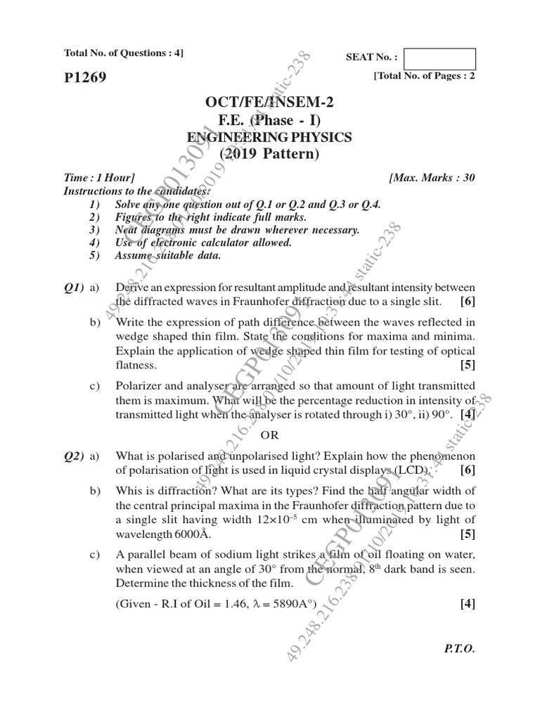 Physics Sem 1 Insem 2019 | PDF