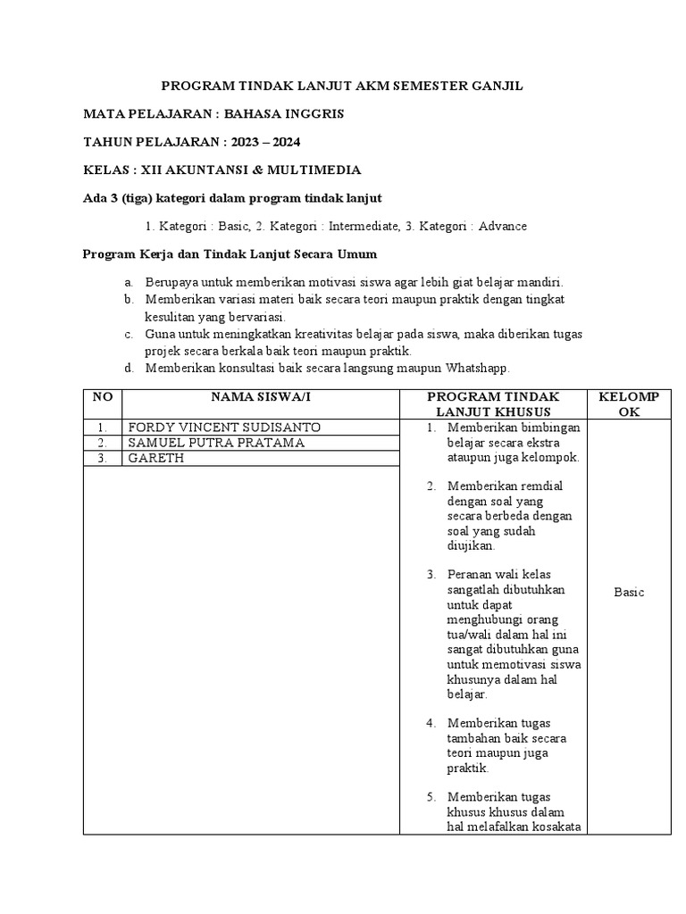 PROGRAM TINDAK LANJUT B.Ing XII | PDF