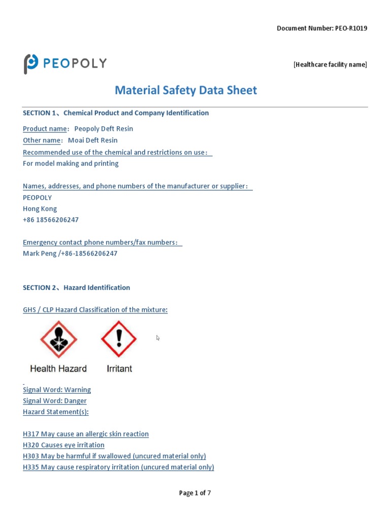 Peopoly Deft Resin MSDS Sep2019 | PDF