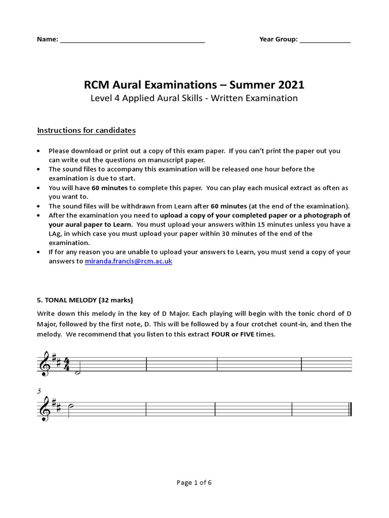 2021 BMus1 Level 4 Applied Aural Skills Candidate FINAL | PDF
