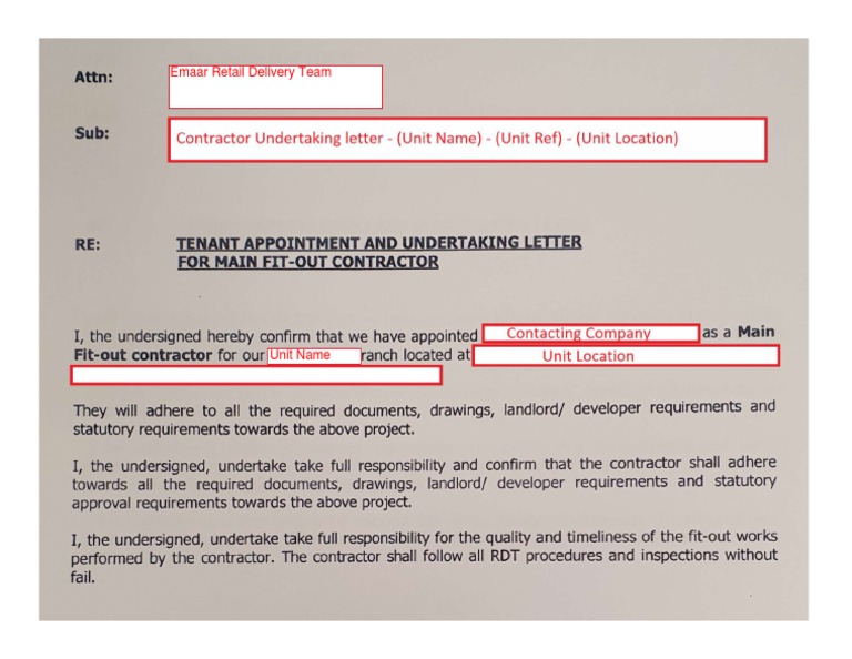 Contractor Undertaking Letter Sample | PDF
