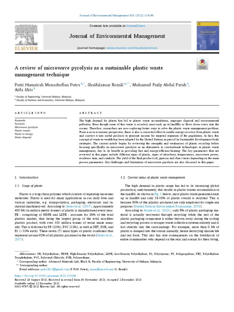 A review of microwave pyrolysis as a sustainable plastic waste | PDF