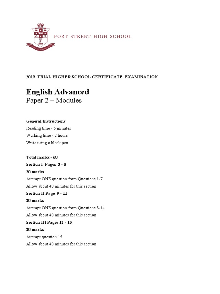 2019 HSC English Advanced Exam | PDF