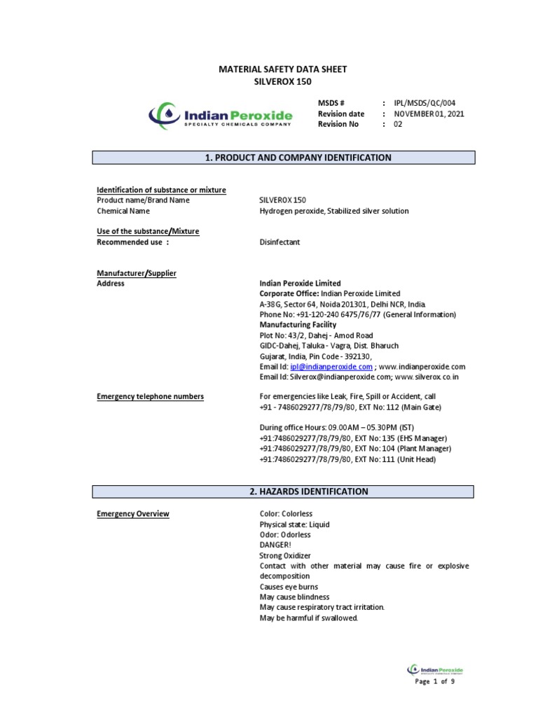 Ipl - MSDS - Silverox 150 | PDF