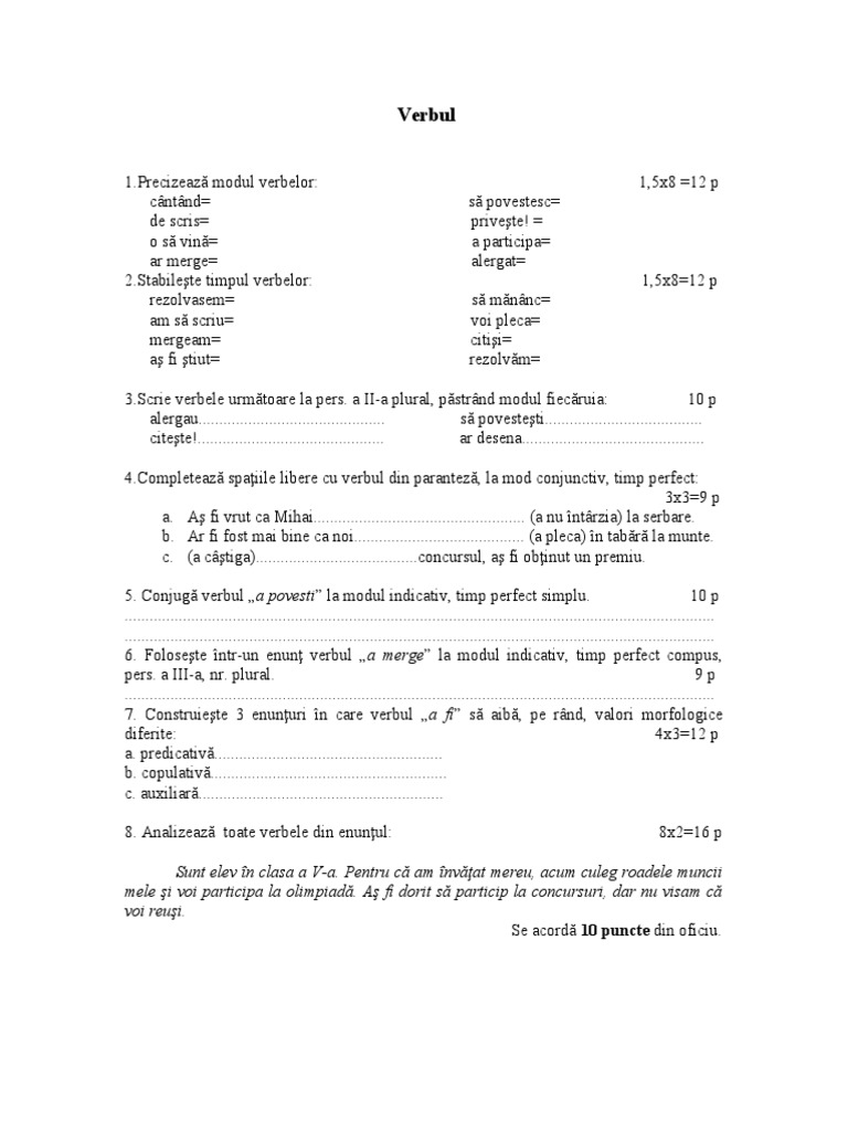 Test Verbul Cls 5 | PDF