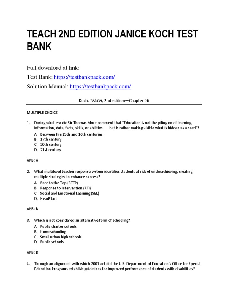 TEACH 2nd Edition Janice Koch Test Bank Download | PDF