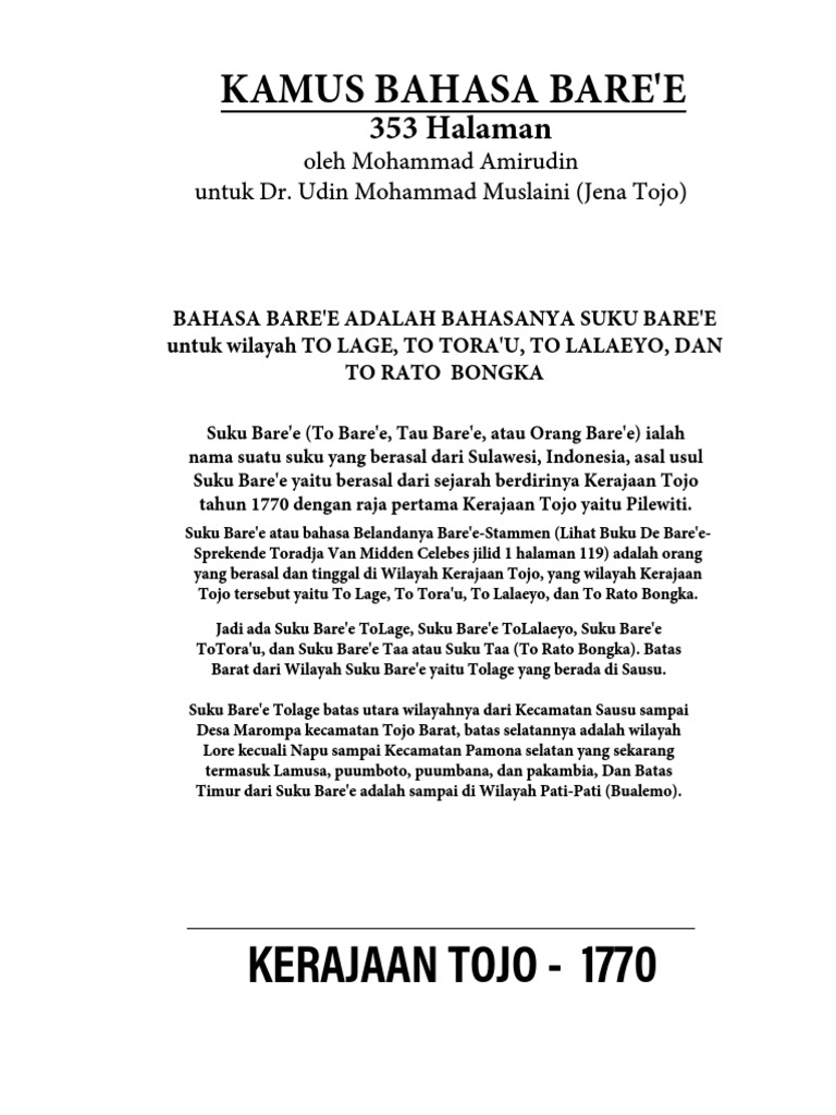 KAMUS BAHASA BARE'E (BAREE, BARE'E-TAAL, Baree-Taal), Bahasanya Suku Bare'e, Sulawesi, Indonesia ...