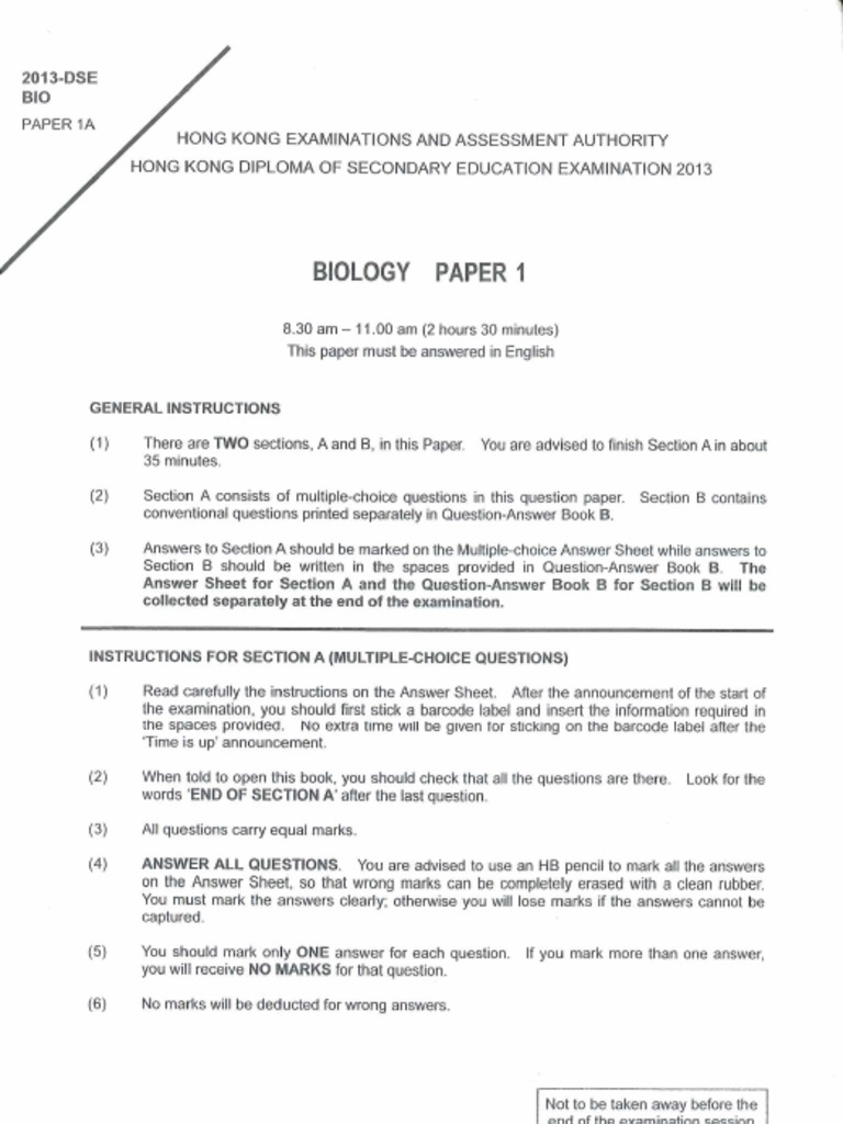 DSE Bio 2013 Paper 1A | PDF