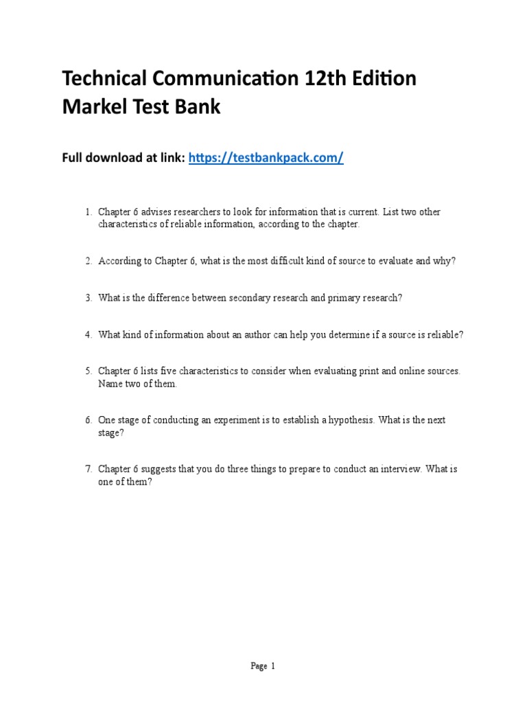 Technical Communication 12th Edition Markel Test Bank Download | PDF
