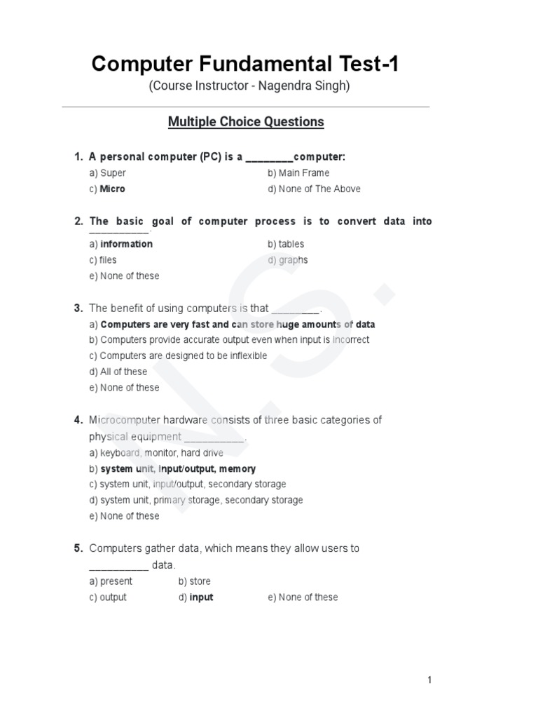Computer Fundamental Test 1 Pdf