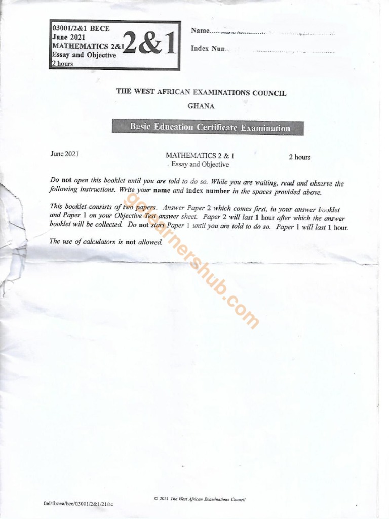 BECE 2021 Mathematics Past Questions PDF FInal | PDF