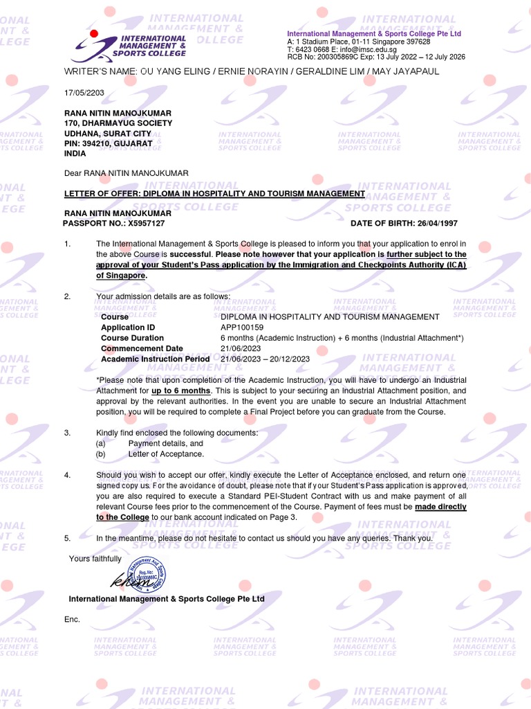 APP100159 (Rana Nitin Manojkumar) DHTM - Letter Of Offer | PDF