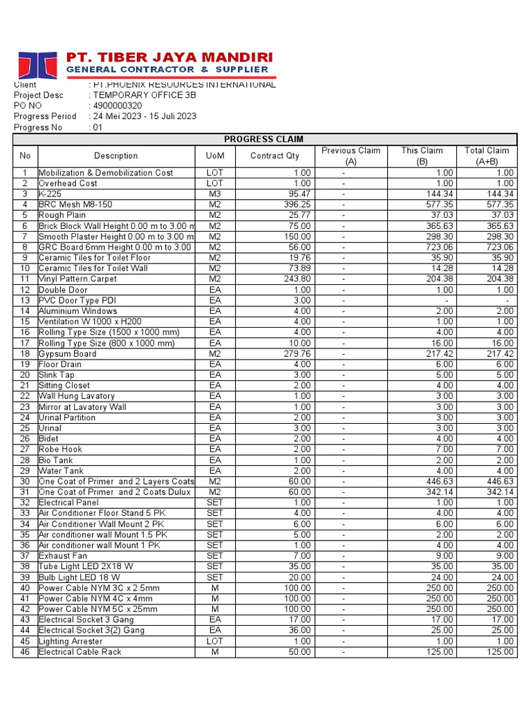 Temporary Office 3B Progress Claim Report | PDF