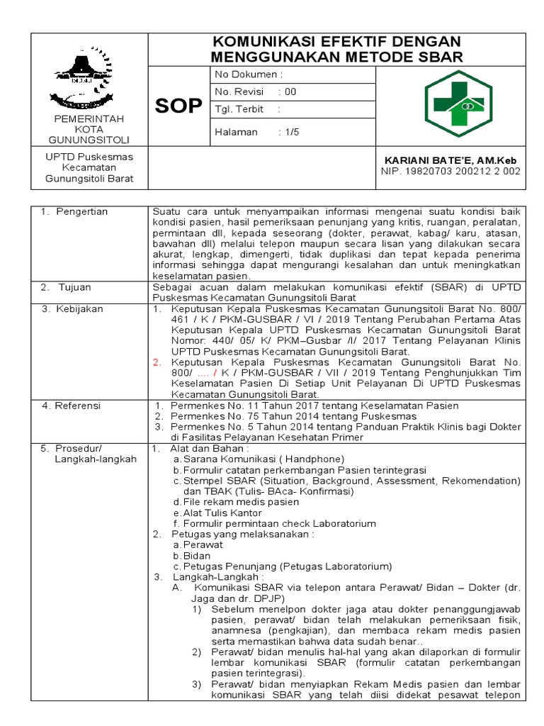 SOP Komunikasi Efektif Dengan Menggunakan Metode SBAR Fix | PDF SOP Komunikasi Efektif Dengan Menggunakan Metode SBAR Fix | PDF