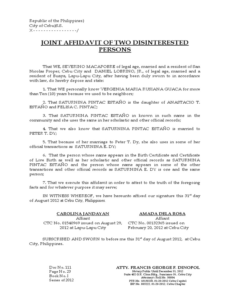 joint affidavit of two disinterested person nena estano | PDF