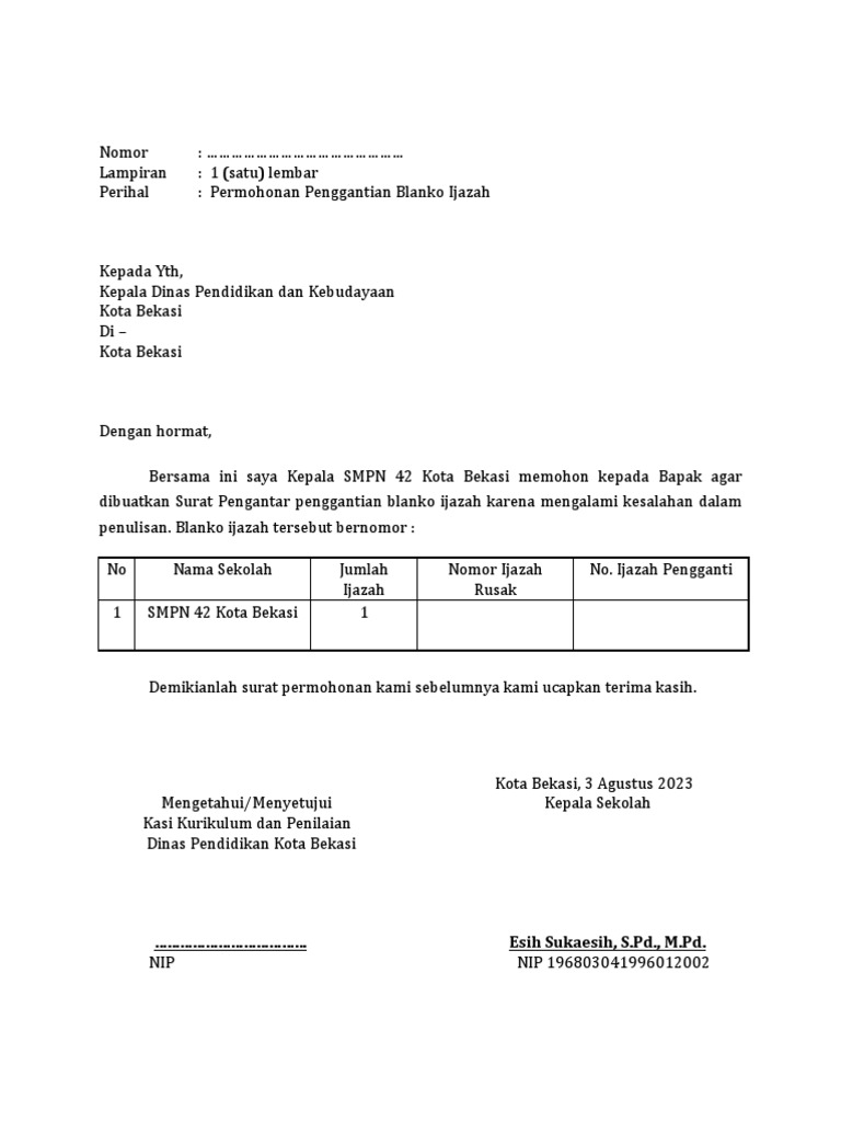 Surat Permohonan Penggantian Ijazah | PDF