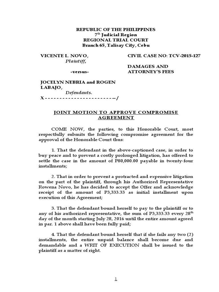 joint motion compromise agreememt motion to set case hearing novo ...