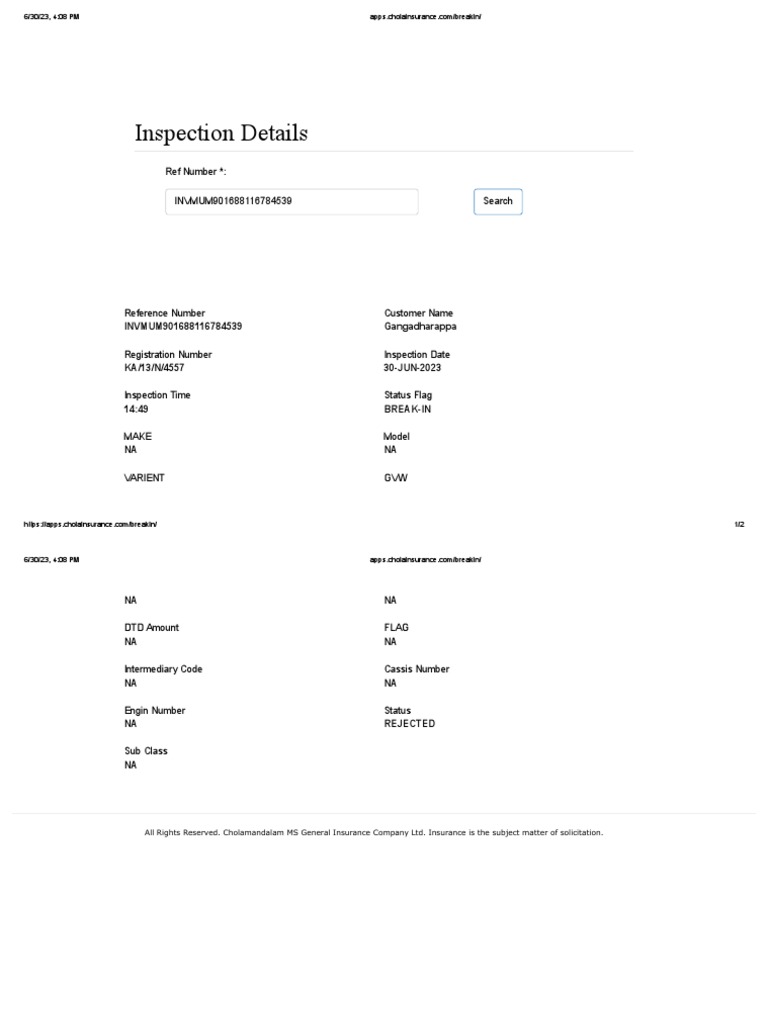 Inspection Details: Ref Number : INVMUM901688116784539 Search | PDF