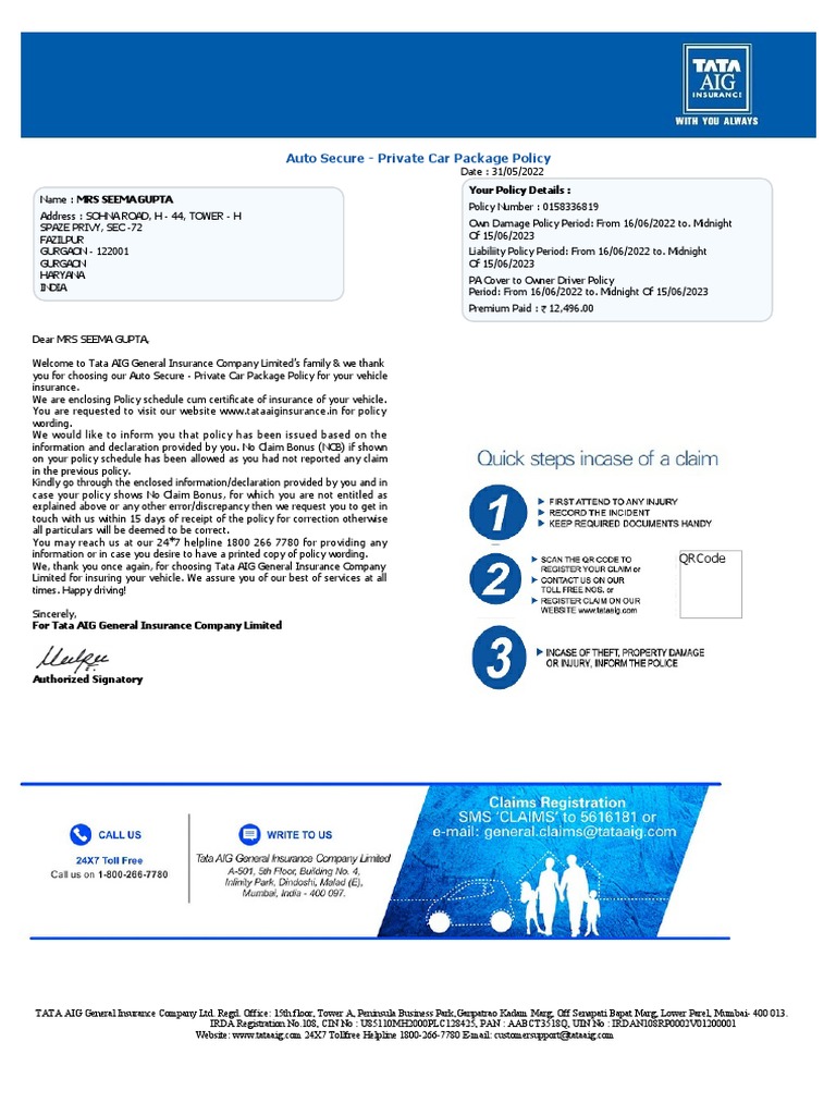Auto Secure Private Car Package Policy | PDF