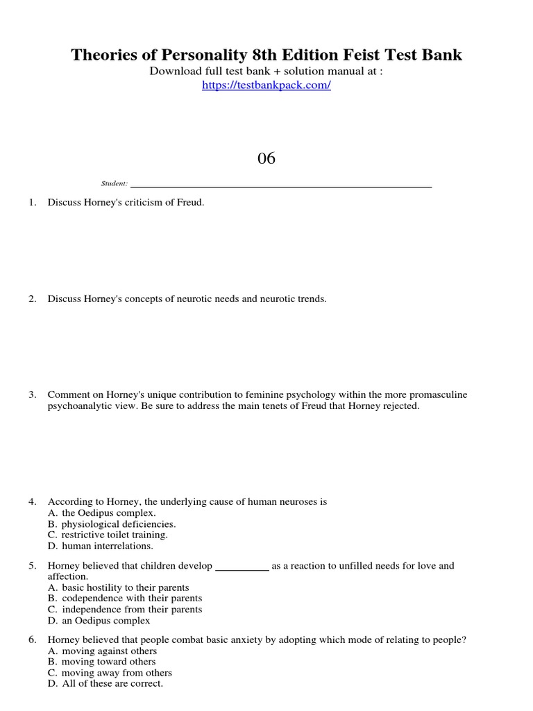 Theories of Personality 8th Edition Feist Test Bank Download | PDF