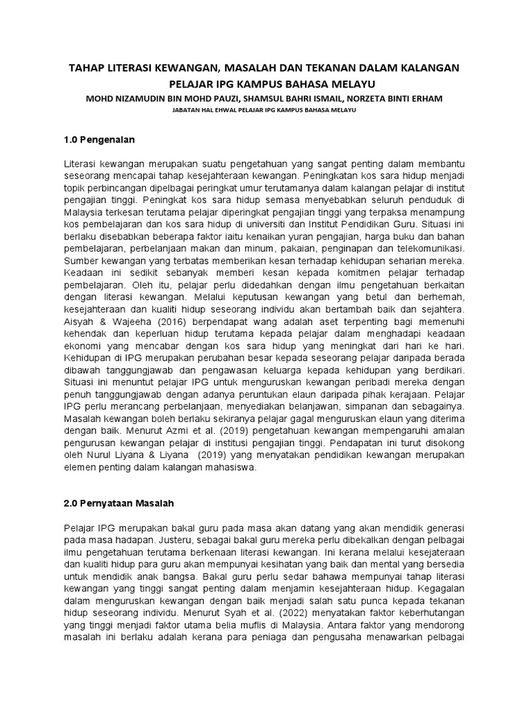 Tahap Literasi Kewangan, Masalah Kewangan Dan Tekanan Dalam Pelajar ...